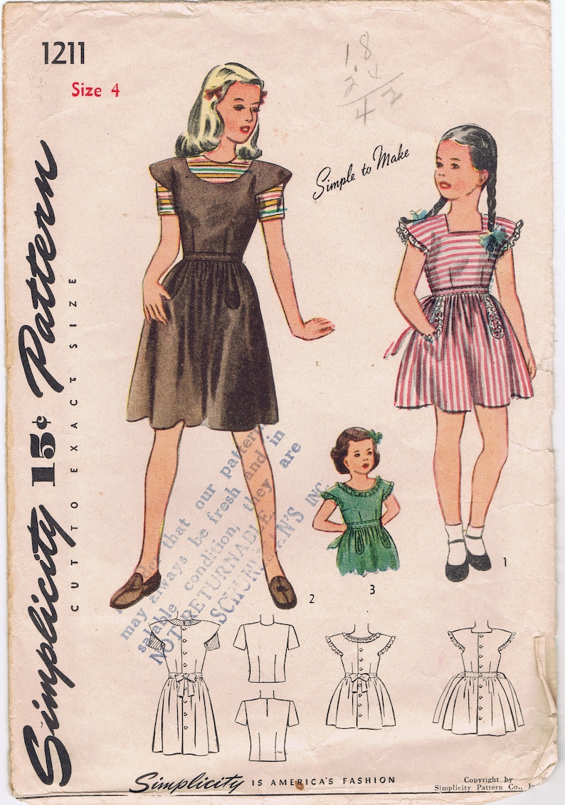 1944 Simplicity Pattern 1211 Little Girls Size 4 Pinafore and - Etsy