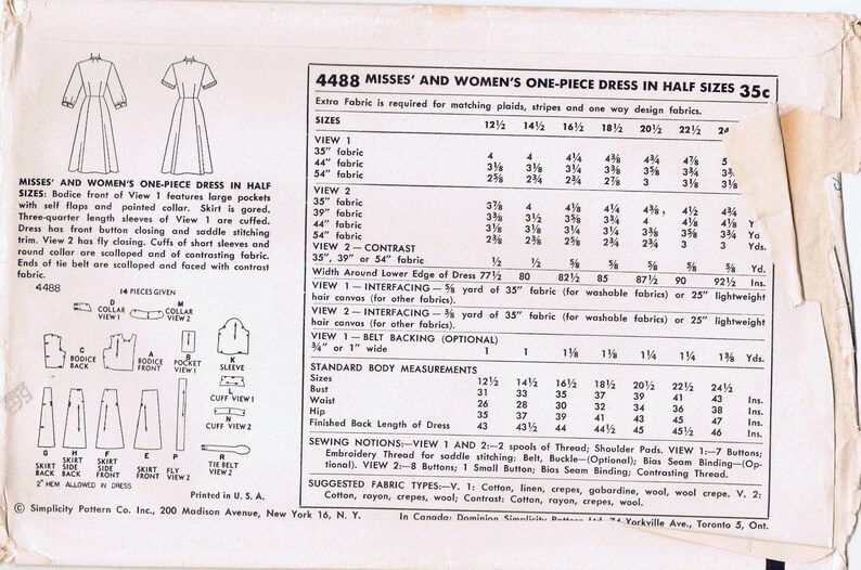 Uncut 1953 Simplicity Pattern 4488 One Piece Shirtwaist Dress - Etsy
