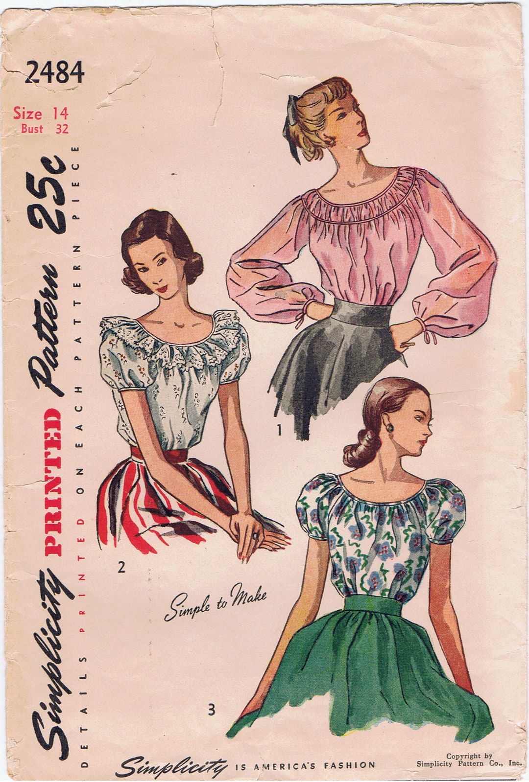 1948 Simplicity Pattern 2484 Peasant Blouse S 32 Bust Short Puffy or ...