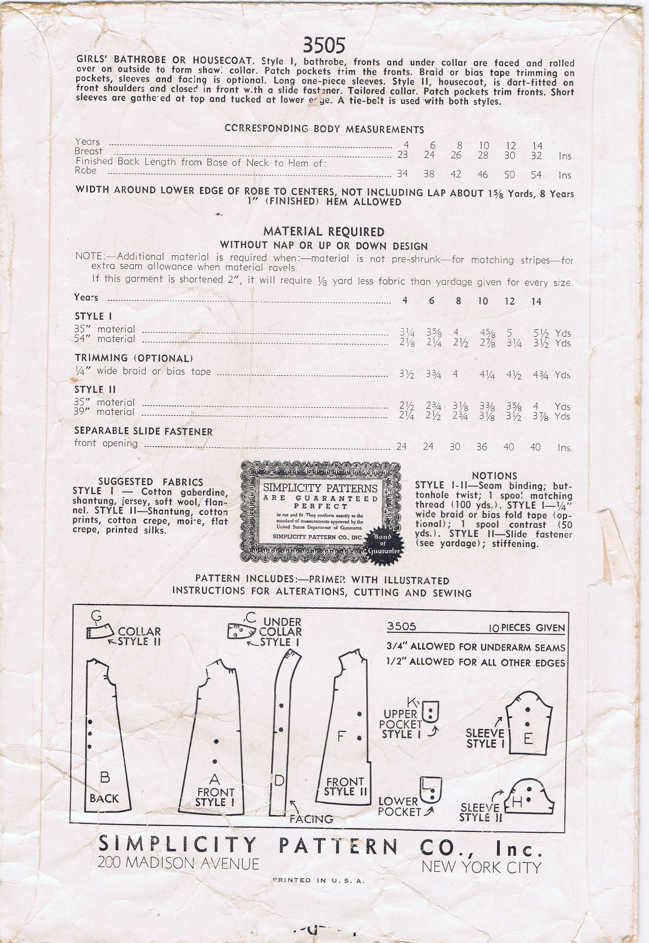 1940's Simplicity Pattern 3505 Girls sz 4 Long Bathrobe | Etsy