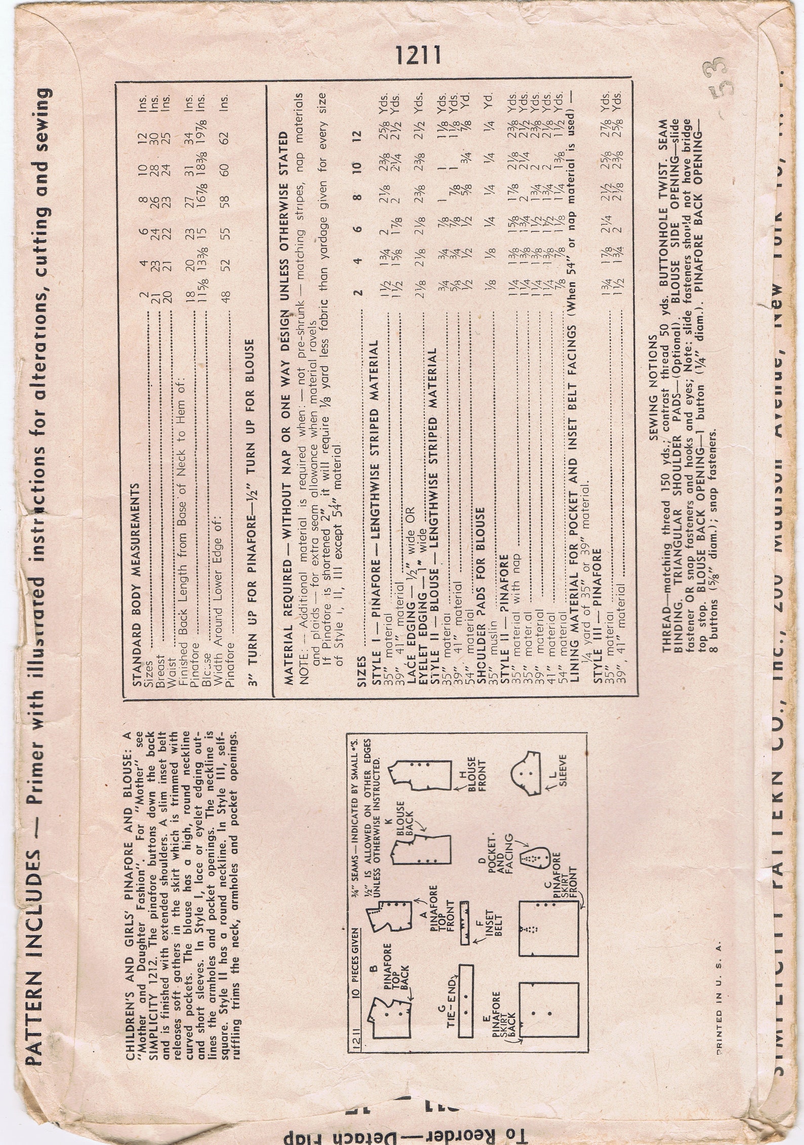 1944 Simplicity Pattern 1211 Little Girls size 4 Pinafore and | Etsy