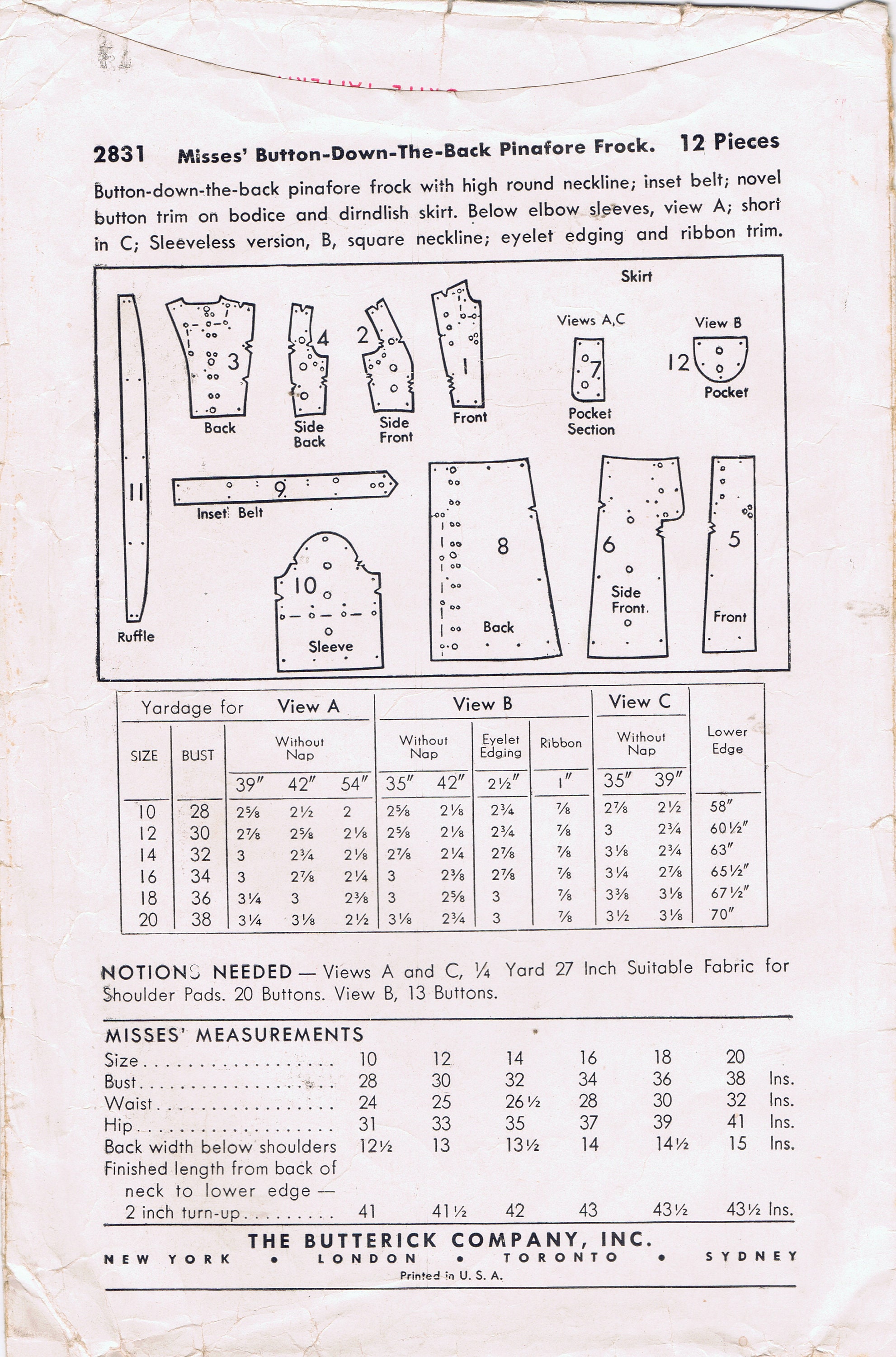 1940's Butterick 2831 Sewing Pattern House Dress Pinafore | Etsy
