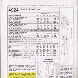 1976 Mccalls Pattern 4924 Yoked Maxi Dress Size 12 or S Tunic and Bell ...