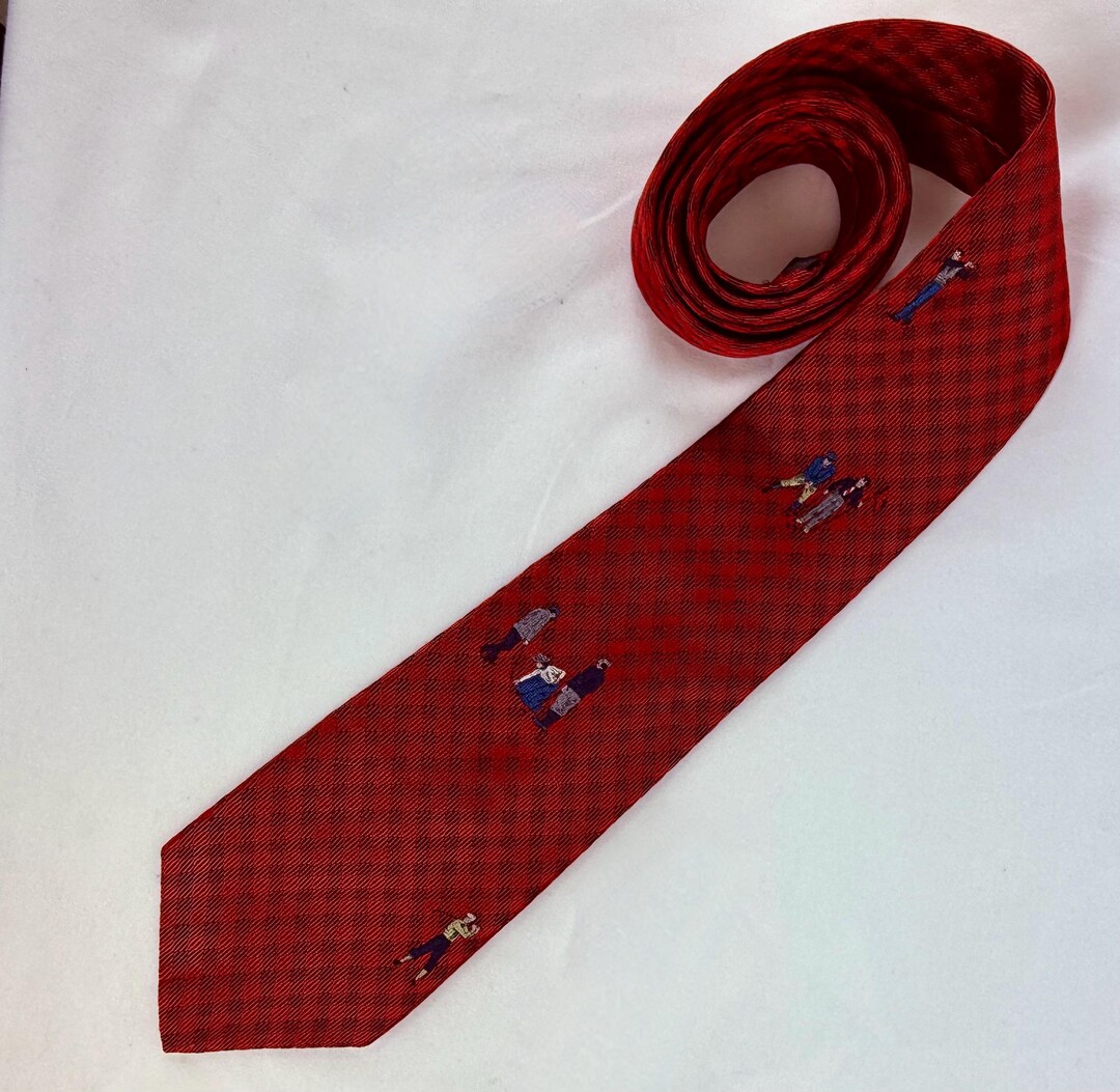 Vintage Marshall Field's Silk Golf Necktie: Red Checkered Embroidered ...