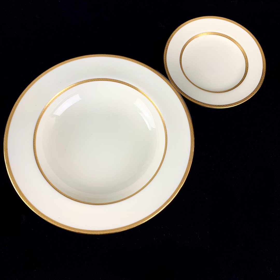 1912-50 Minton G8721 Large Gold Rim Soup Pasta Bowl and 6.25 in Plate ...