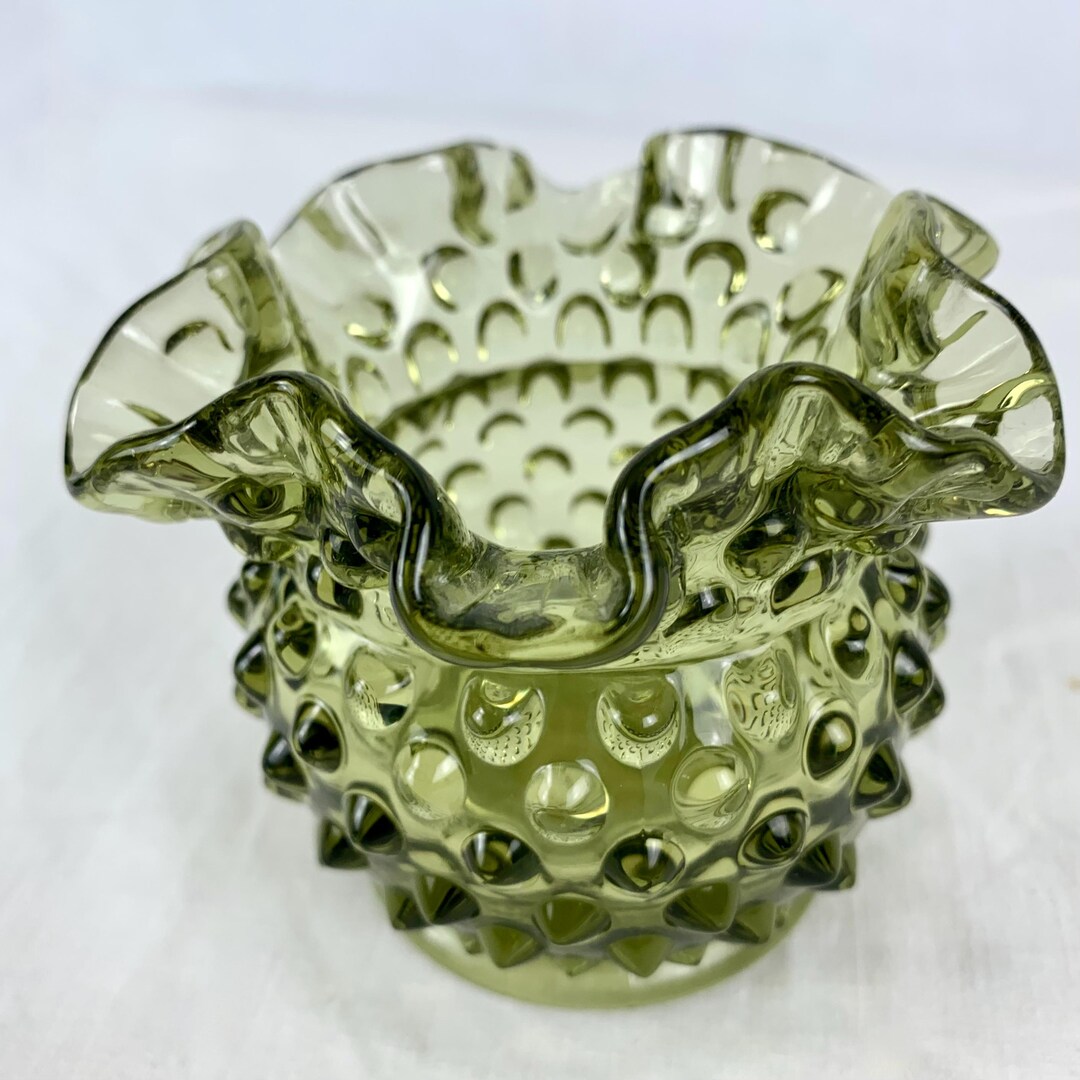 Vintage Fenton Hob Nail Vase Colonial Green Glass Ruffled Opening ...