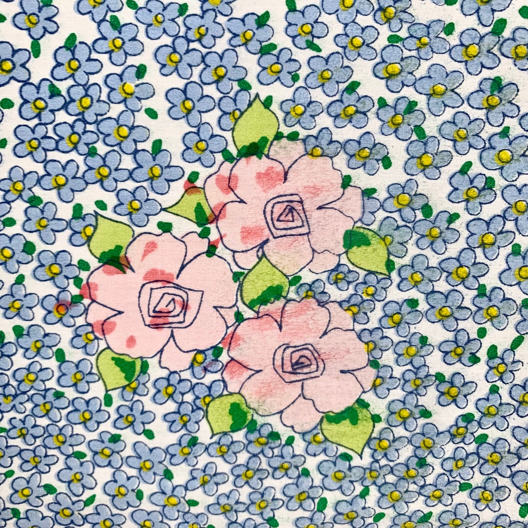 1970s Barbara Brody Crisp Cotton Fabric Blue W Pink Daisies Match ...