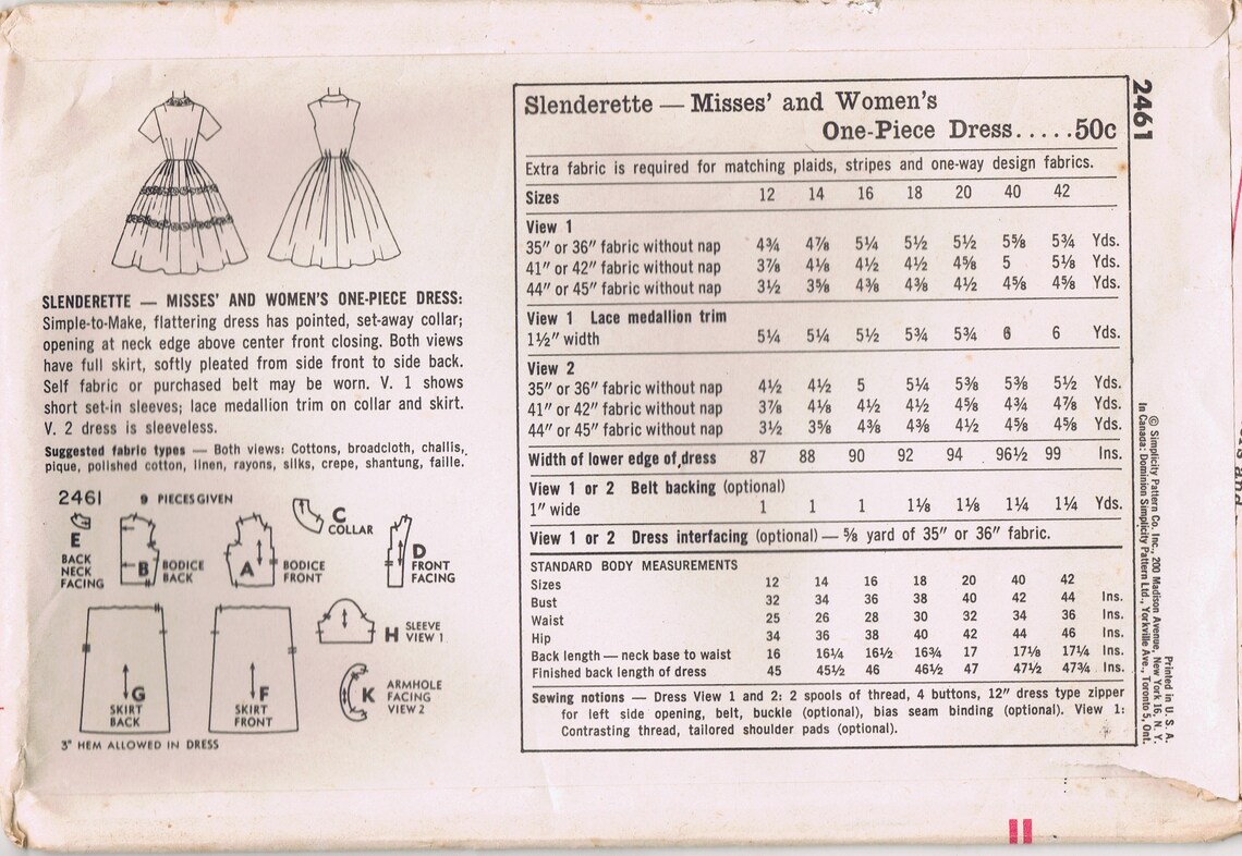 1958 Simplicity Pattern 2461 Dress Size 20 Full Pleated Skirt - Etsy