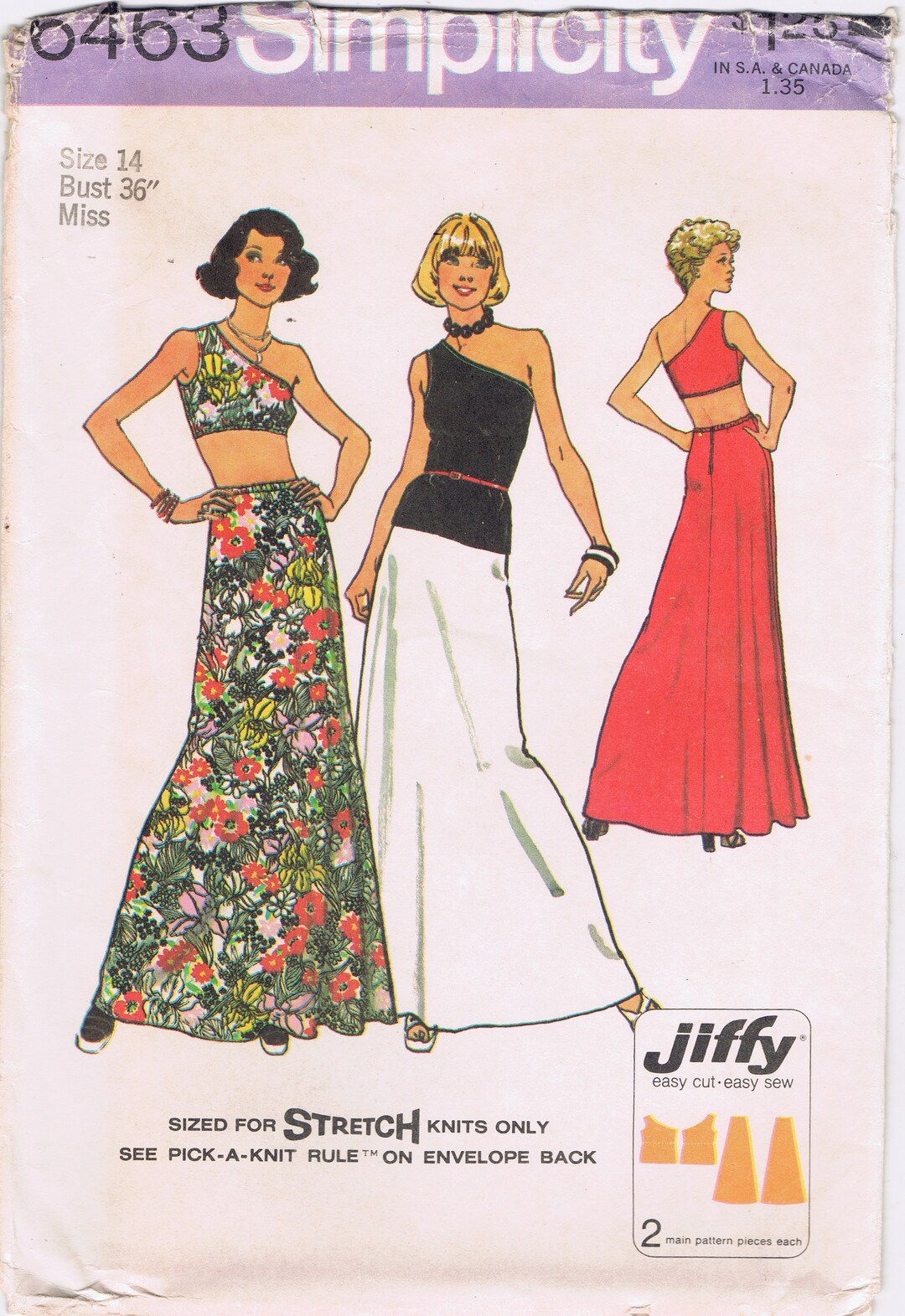 Uncut 1974 Simplicity Pattern 6468 One Shoulder Crop Top 14 Aline Maxi ...