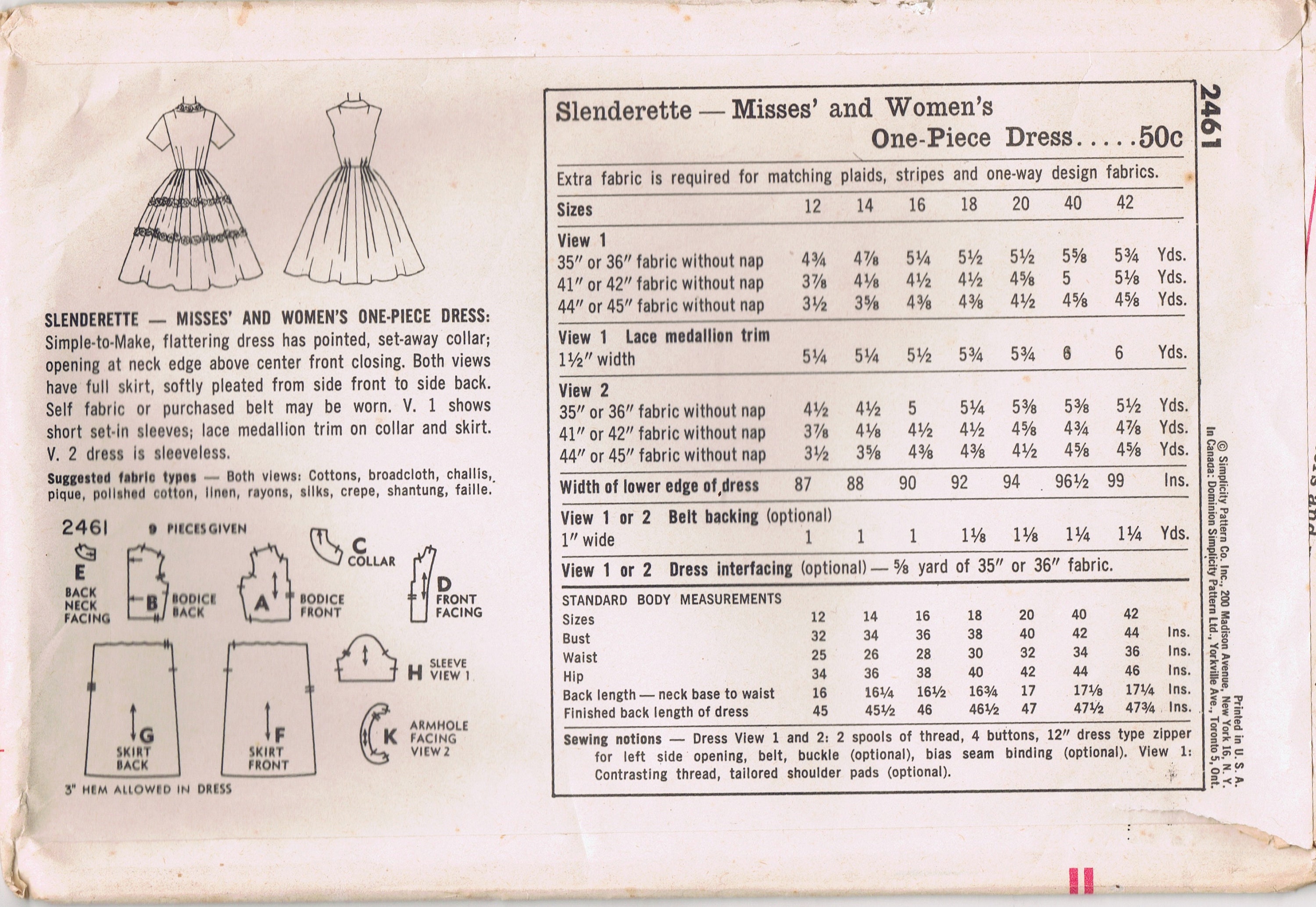 1958 Simplicity Pattern 2461 Dress Size 20 Full Pleated Skirt - Etsy
