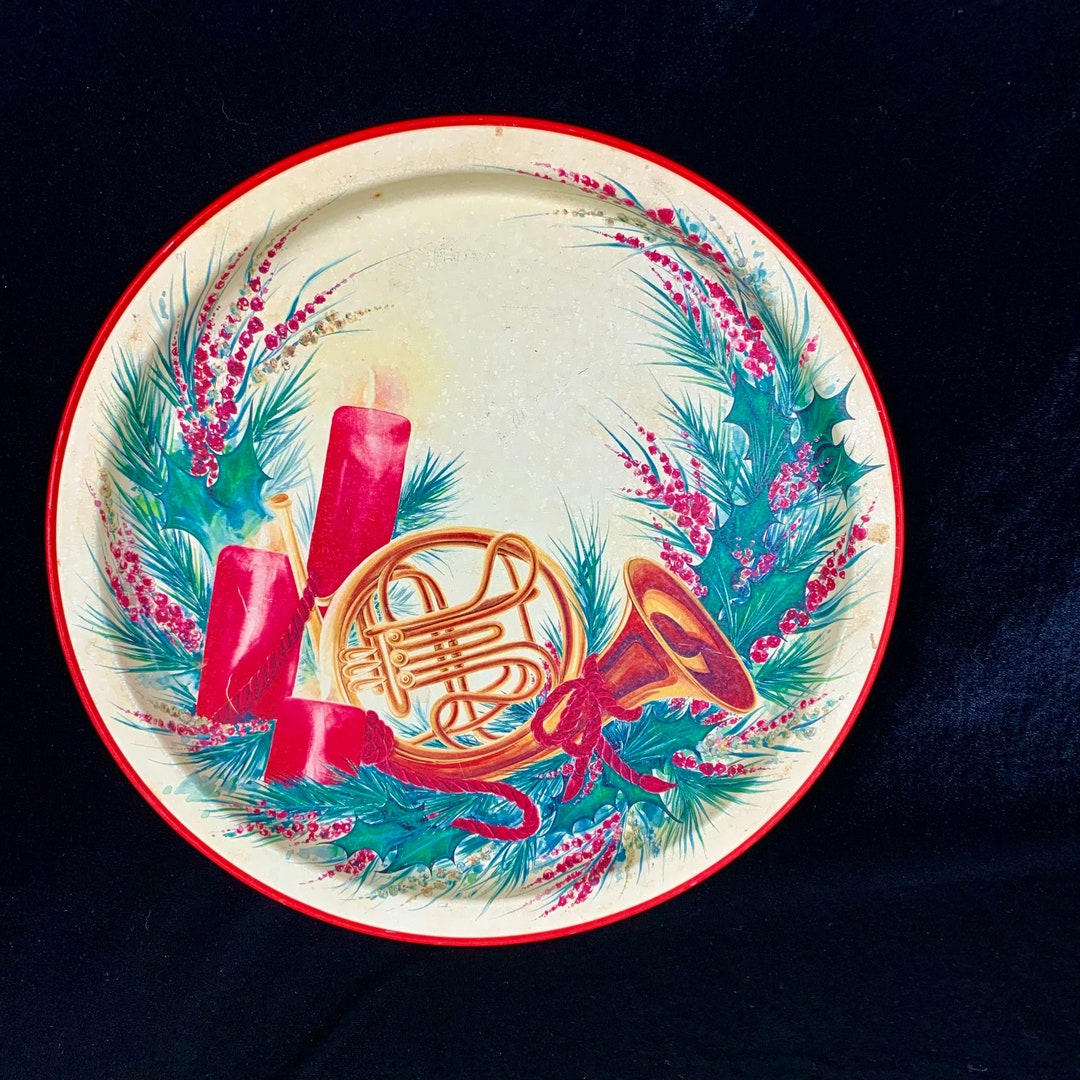 1993 Prettique Serving Tray Round Metal Christmas Joyeux Noel Candles ...