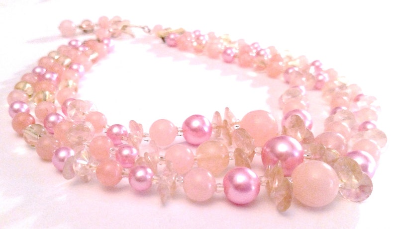 Pastel Pink Multistrand Beaded Necklace Lustrous and Quartz Finish ...