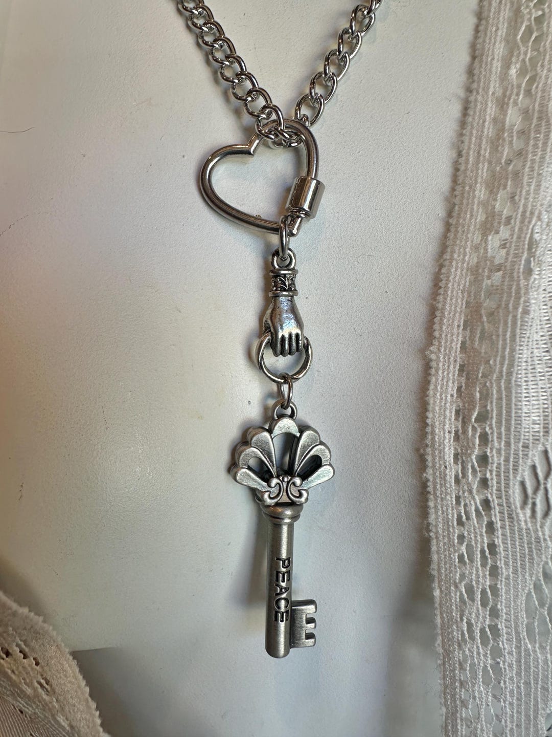 Pewter Peace Key With Victorian Style Hand and Heart Carabiner Screw ...