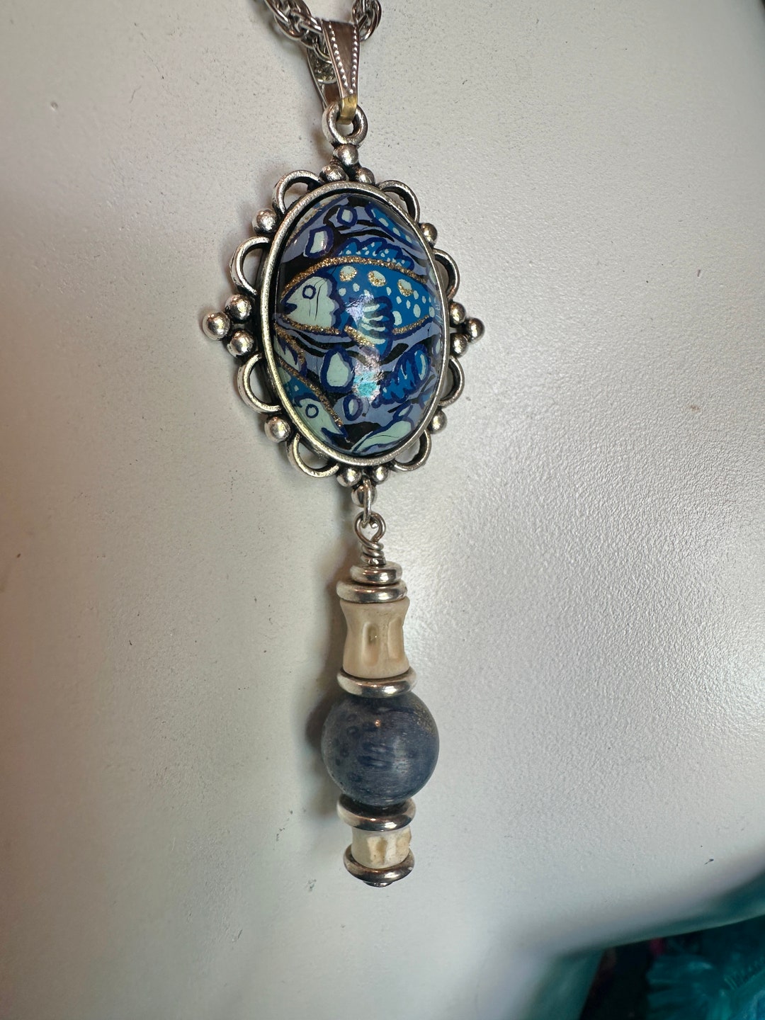 Fish Bone Blue Coral Jewelry With Hand Painted Czech Glass Blue Gold ...