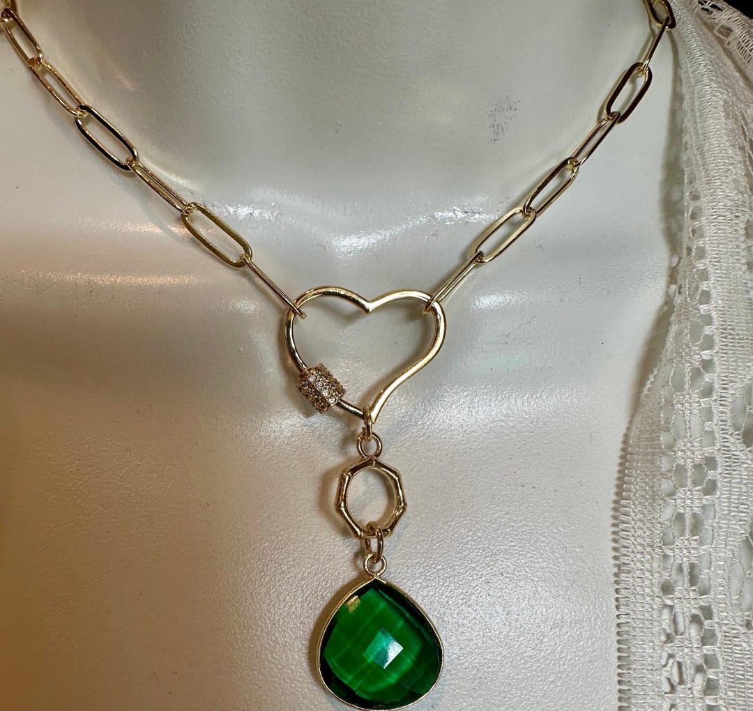 Green Quartz Crystal Gold Heart Carabiner Necklace, Paperclip Chain, St ...