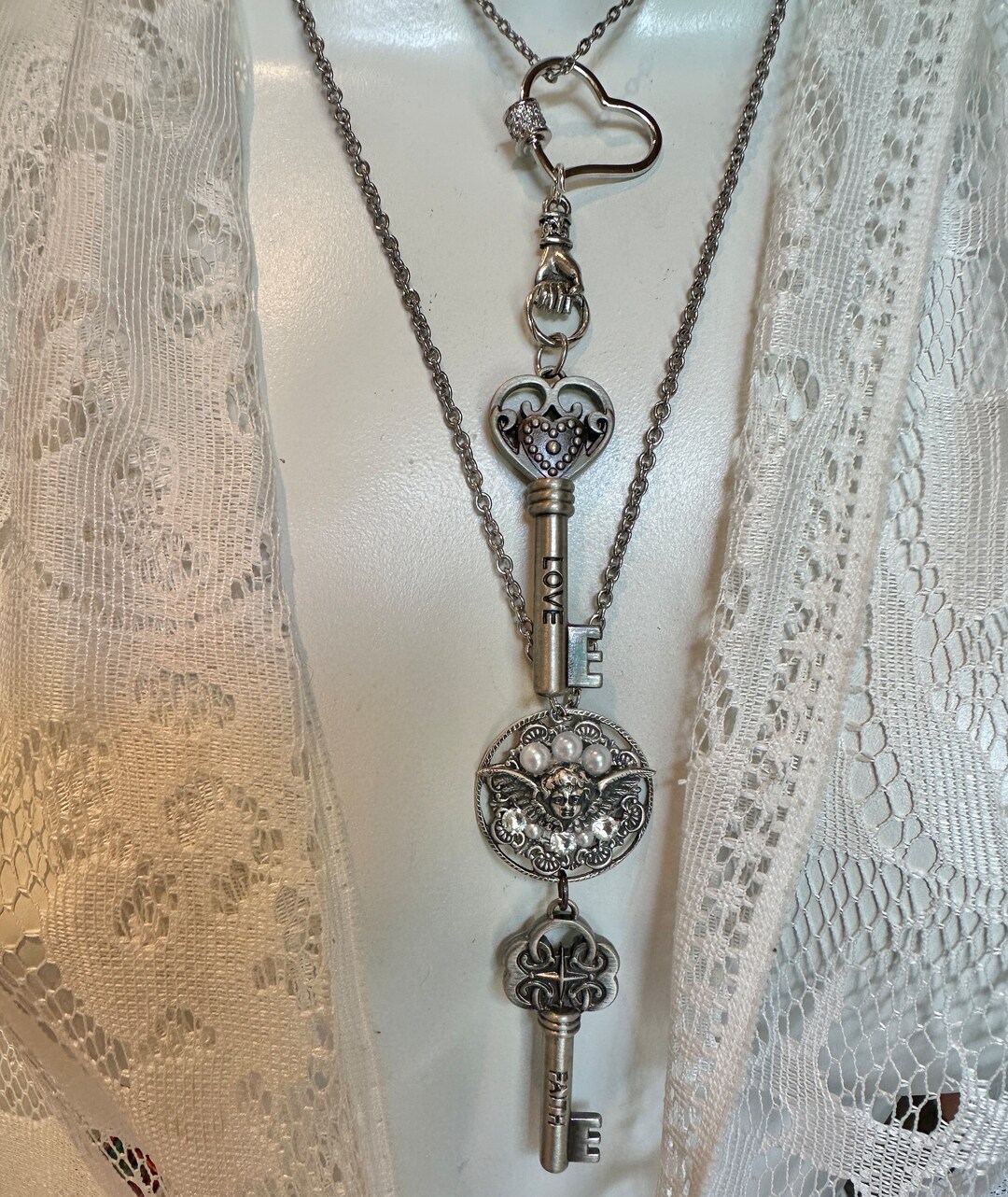 Choice of Love or Faith Pewter Keys With Crystal Heart Carabiner, Angel ...