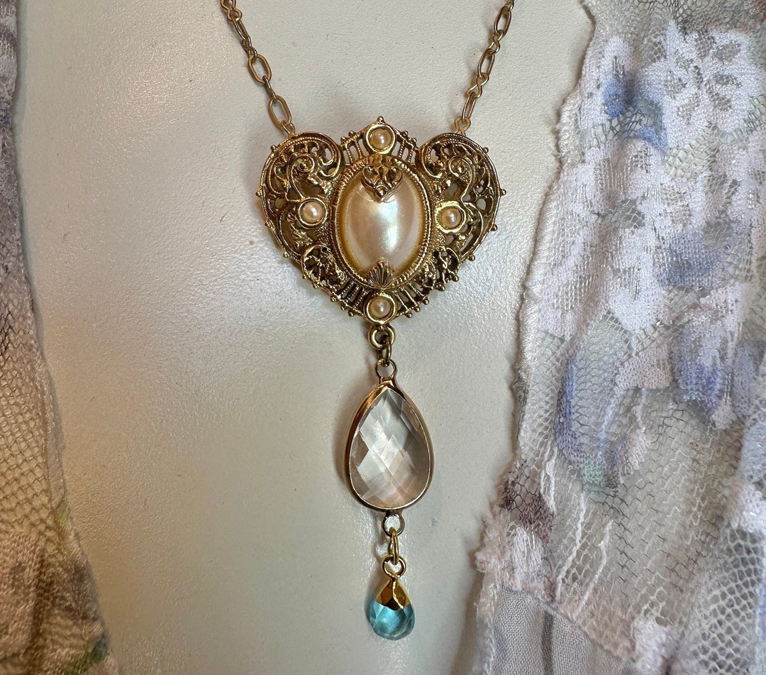 Victorian Style Heart Pendant Pin Brooch, Faux Pearl, Blue Topaz, Gold ...