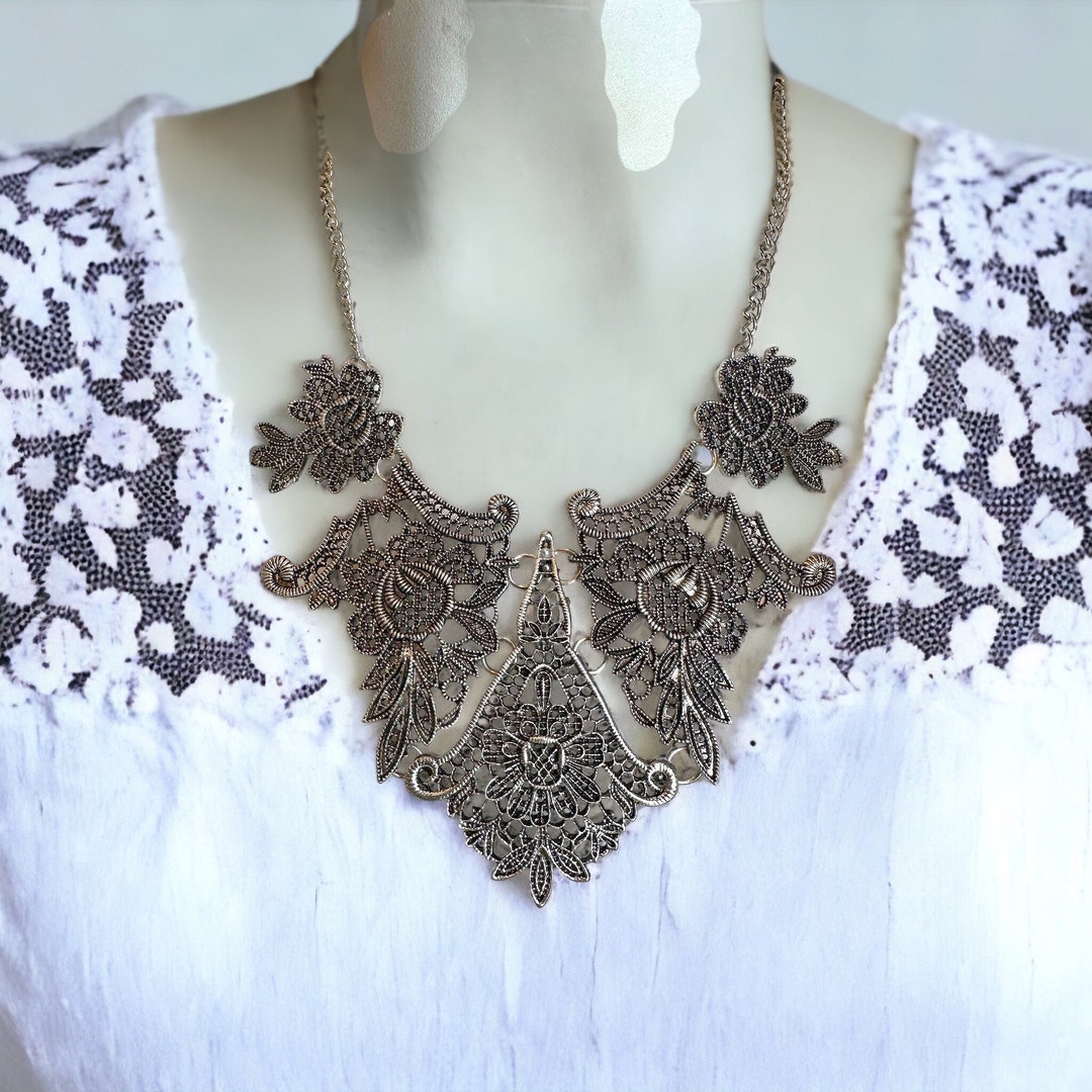 Fancy Lace Bohemian Vintage Mid Century Modern Bib Silver - Etsy
