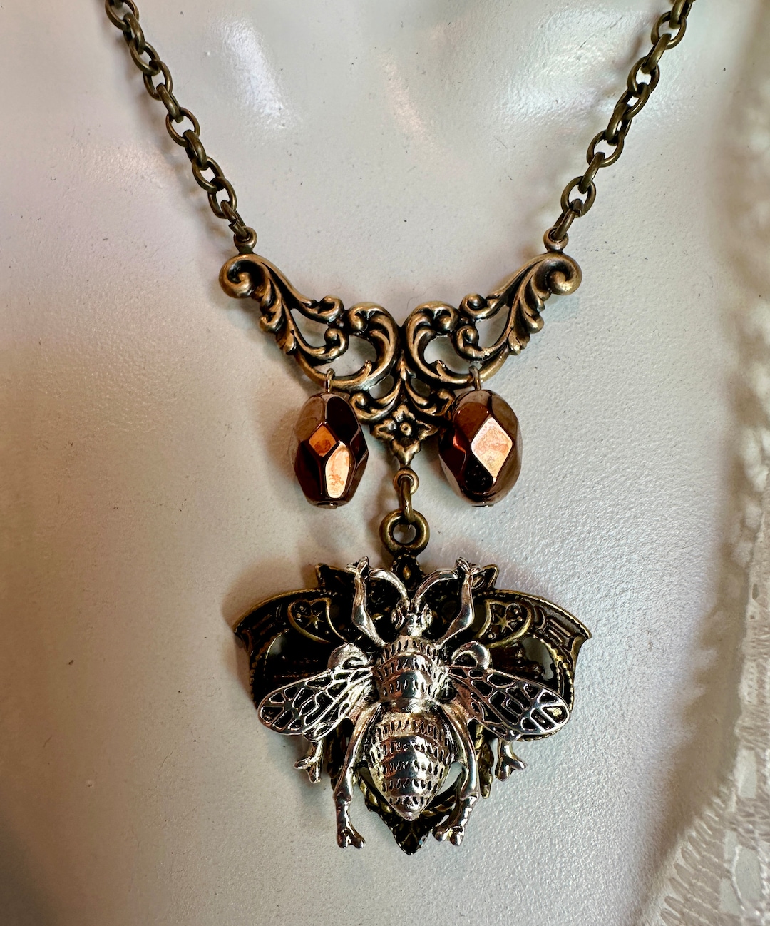 Queen Bee Victorian Style Bronze and Silver Fancy Bib Necklace, With ...