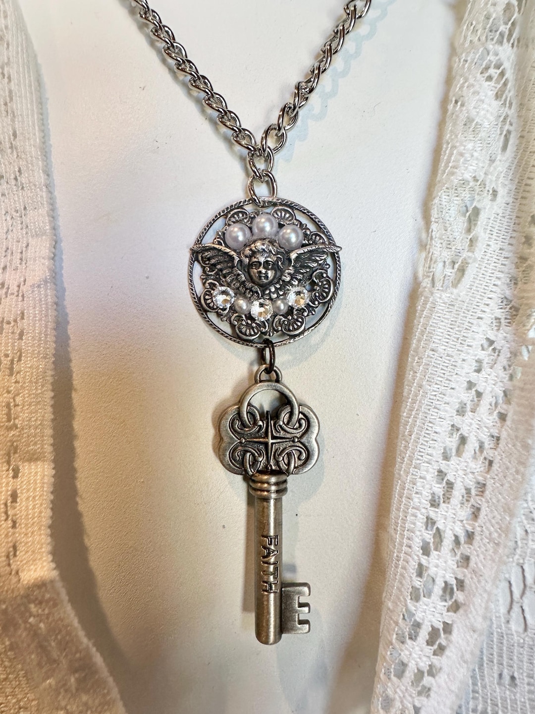 Vintage Pewter Faith Skeleton Key, Cherub Putti Guardian Angel With ...