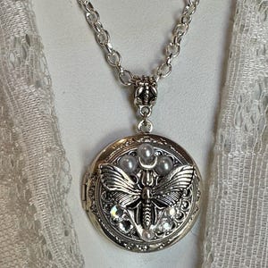 Silver Photo Locket With Deaths Head Moth Faux "moon" Pearls, Crystals ...