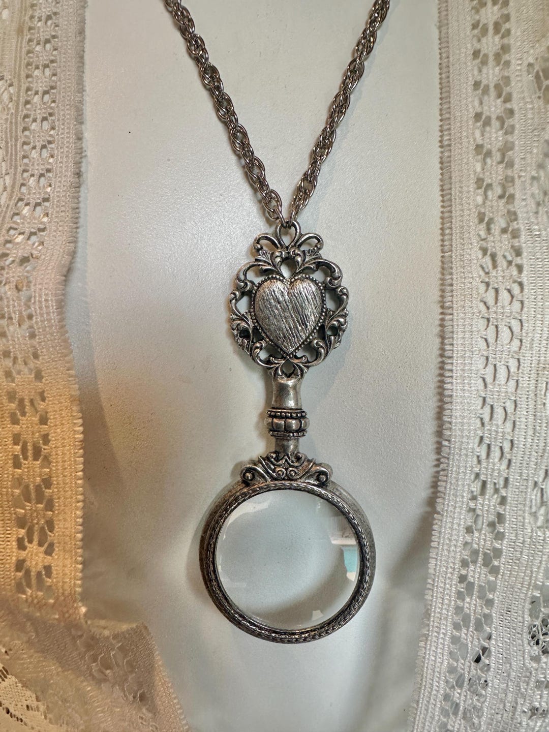 Magnifying Glass Victorian Style Heart Handle Pewter Long Chain ...