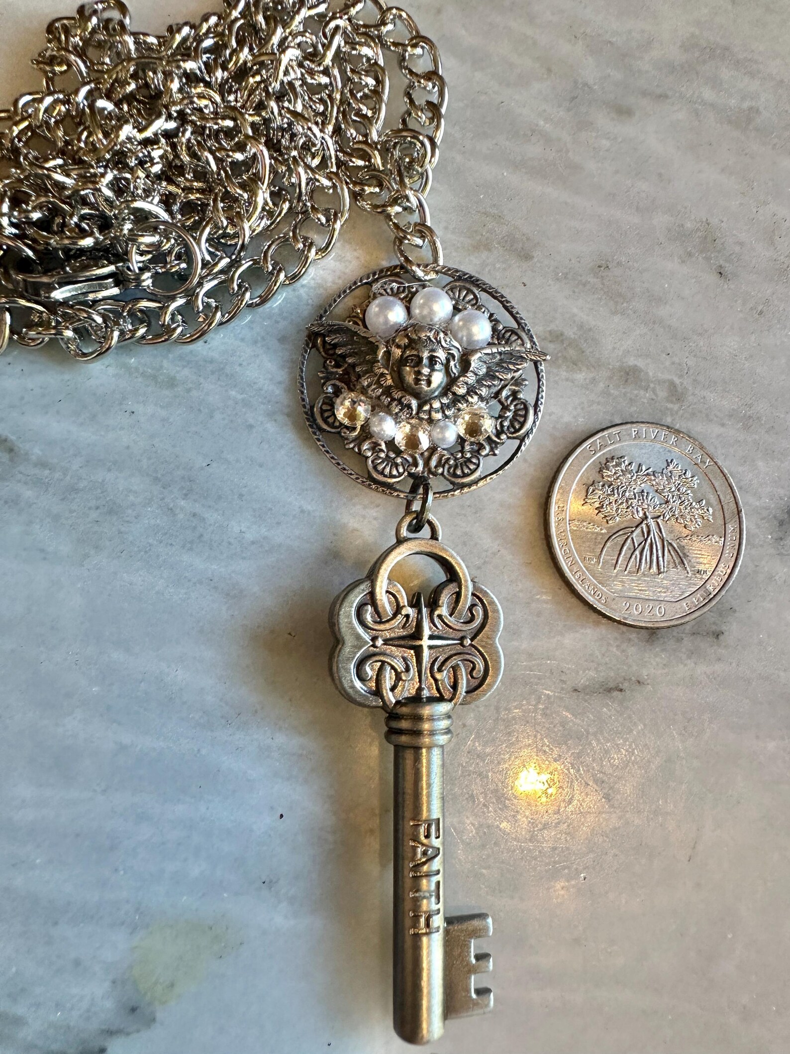Vintage Pewter Faith Skeleton Key, Cherub Putti Guardian Angel With ...