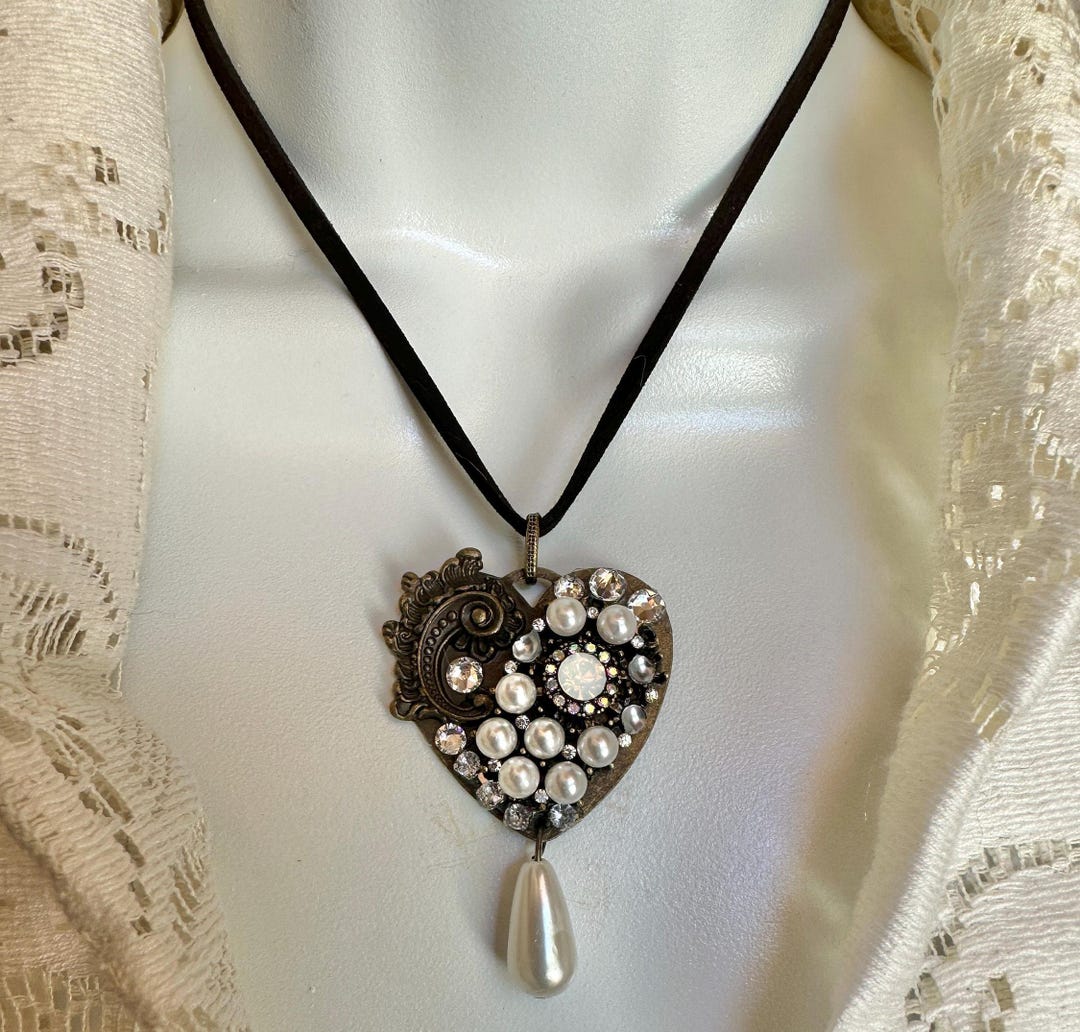 Victorian Style Heart Assemblage Necklace With Crystals and Faux Pearls ...