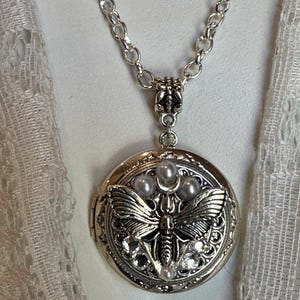 Silver Photo Locket With Deaths Head Moth Faux "moon" Pearls, Crystals ...