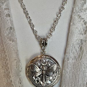 Silver Photo Locket With Deaths Head Moth Faux "moon" Pearls, Crystals ...