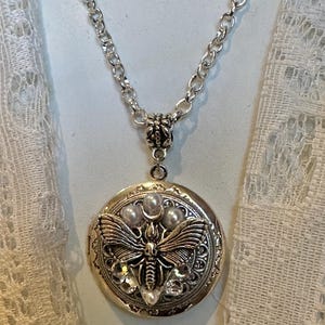 Silver Photo Locket With Deaths Head Moth Faux "moon" Pearls, Crystals ...