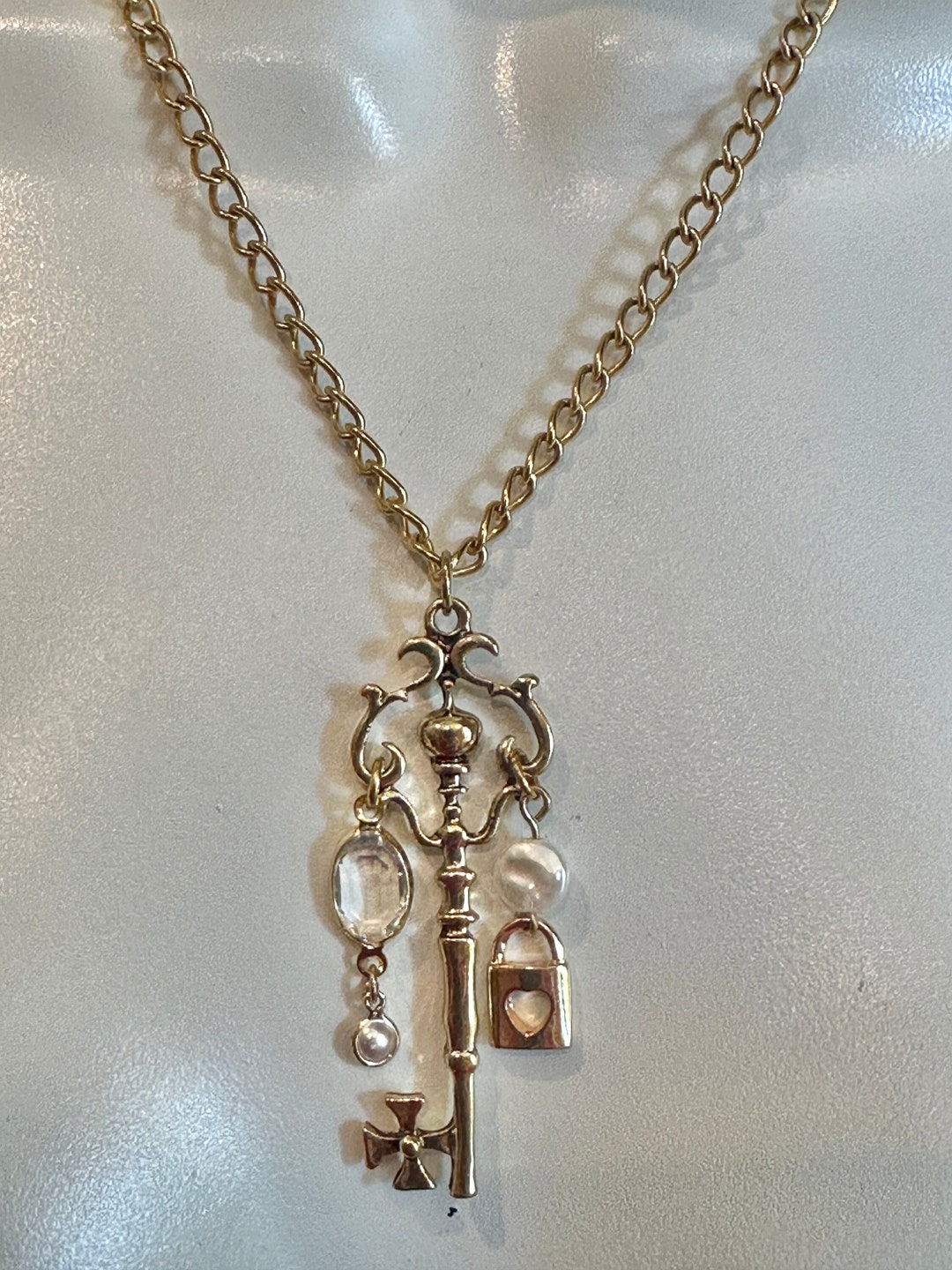 Gold Skeleton Key and Lock With Crystal and Pearl on Heavy Gold ...