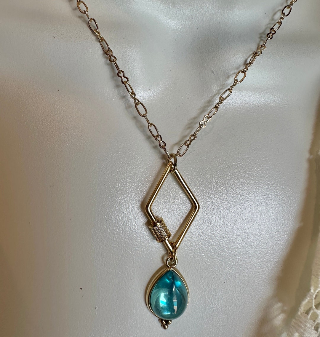 Gold Carabiner Diamond Shape With Crystal Clasp, Blue Glass Charm on ...