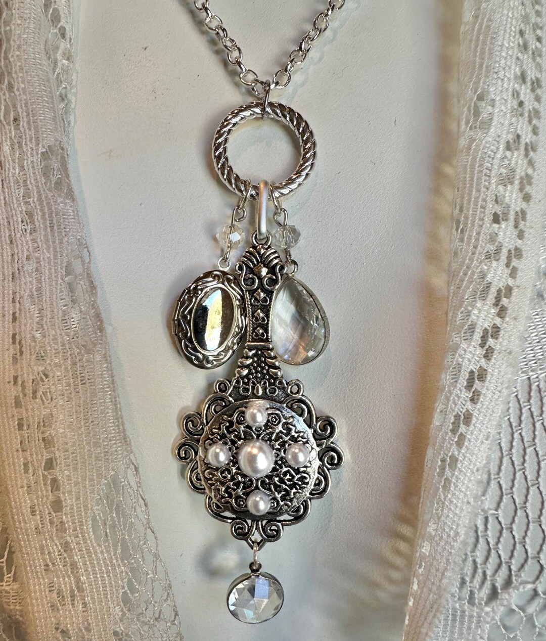 Fancy Magic Mirror Pendant, Looking Glass, Faceted Crystals, Faux ...