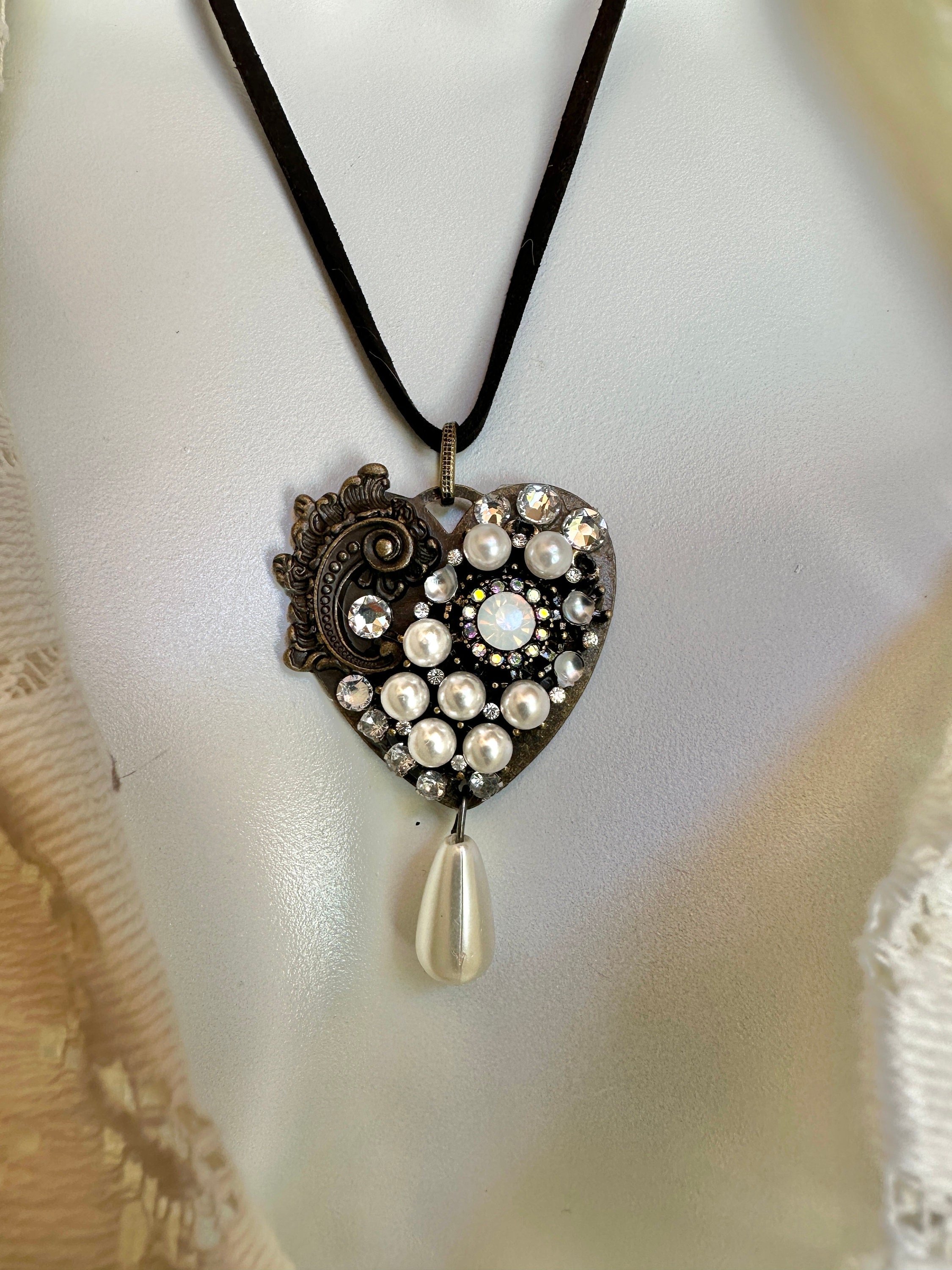 Victorian Style Heart Assemblage Necklace With Crystals and Faux Pearls ...