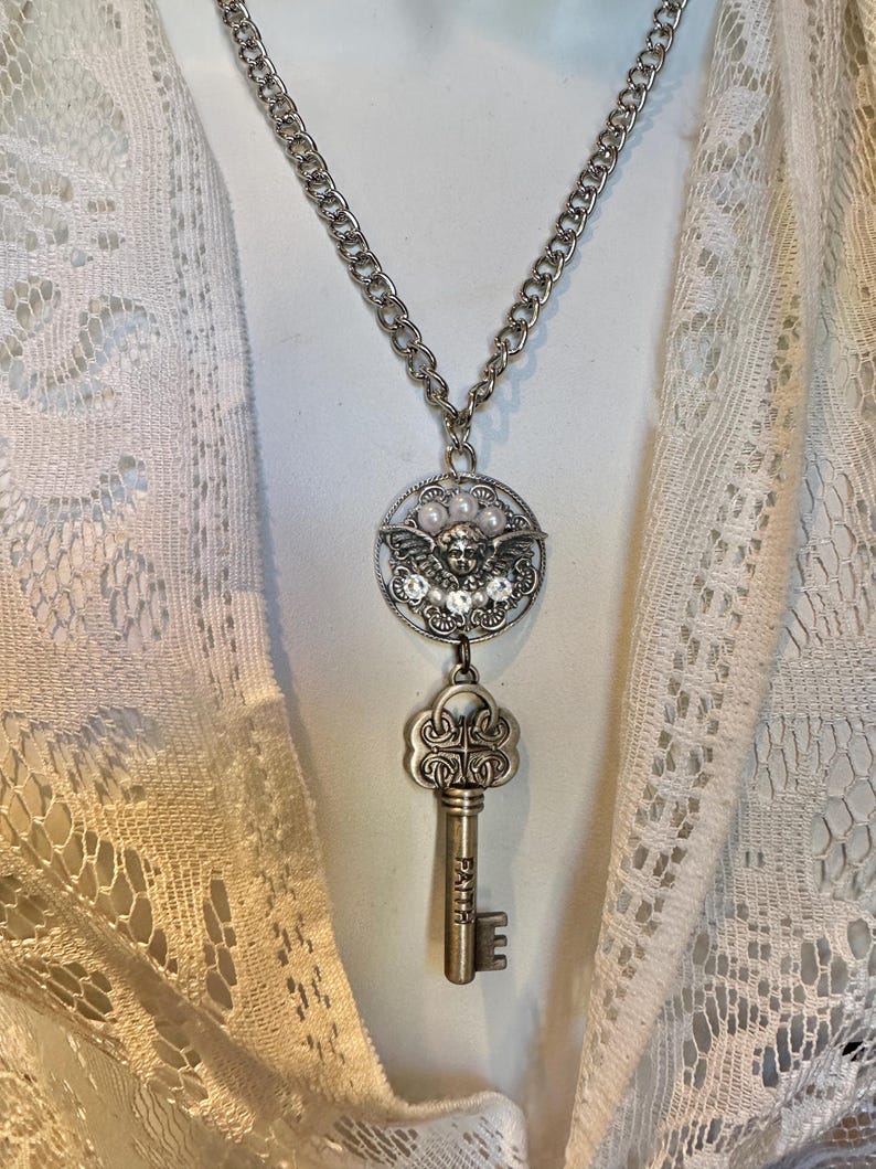 Vintage Pewter Faith Skeleton Key, Cherub Putti Guardian Angel With ...