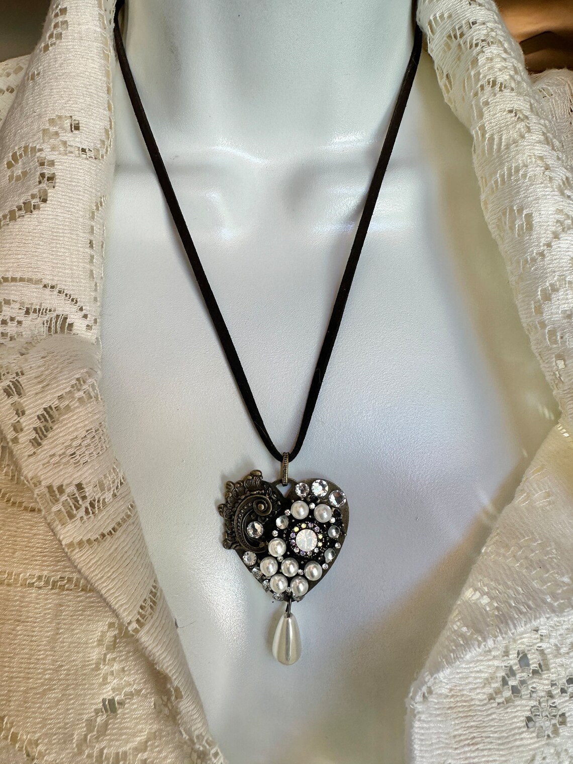 Victorian Style Heart Assemblage Necklace With Crystals and Faux Pearls ...