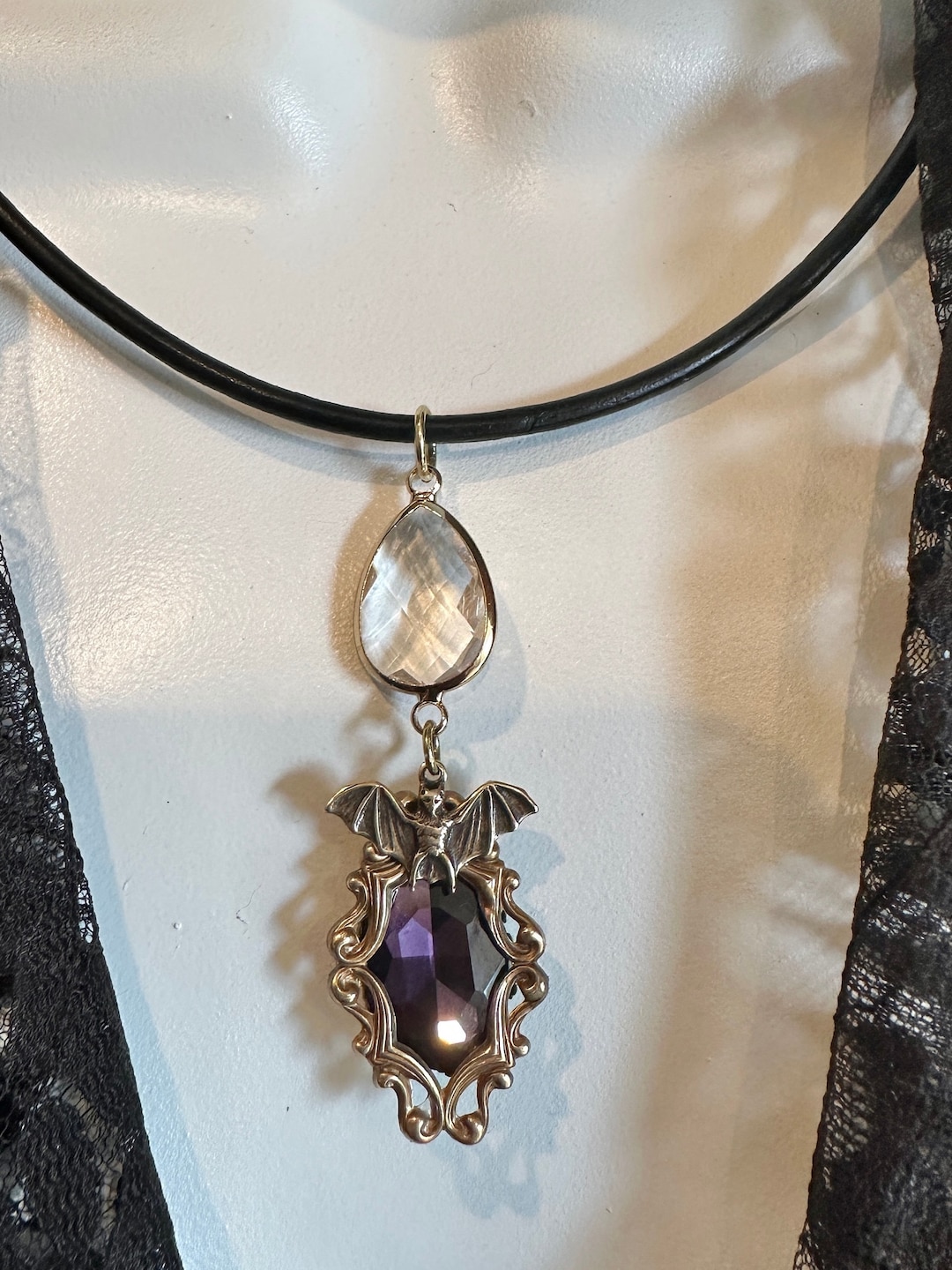 Bat Pendant Gothic Style Vintage Purple Czech Glass Faceted Stone With ...