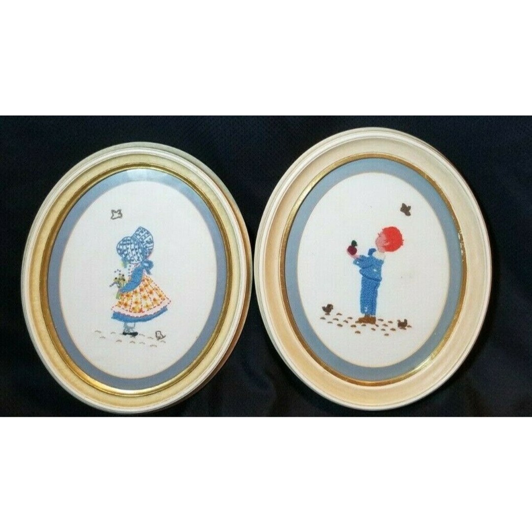 Vintage Holly Hobbie & Robbie Hand Embroidered Crewel Oval Frames Pair ...