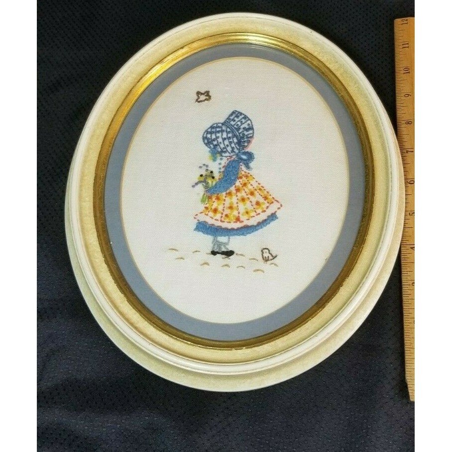 Vintage Holly Hobbie & Robbie Hand Embroidered Crewel Oval Frames Pair ...