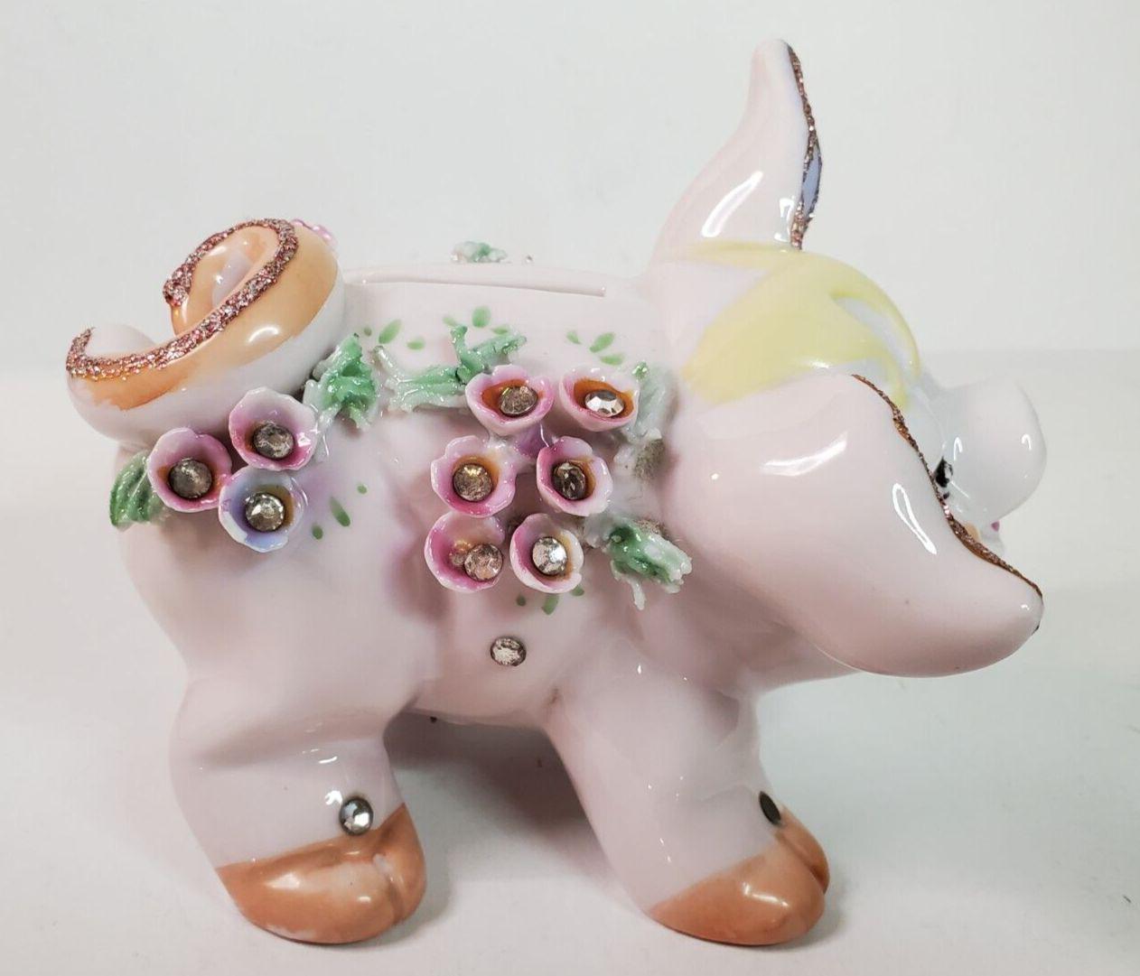 Lefton Piggy Bank Hand Painted Applied Flowers Rhinestones Vintage ...