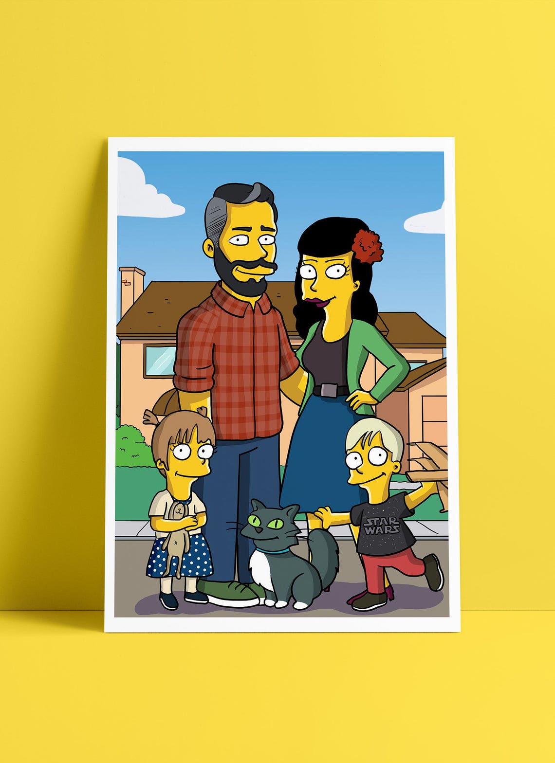 Custom Yellow Family Portrait 2 Adults + 2 Kids + a Pet + Custom ...