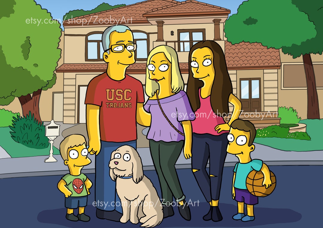 Custom Yellow Family Portrait 3 Adults + 2 Kids + a Pet + Custom ...