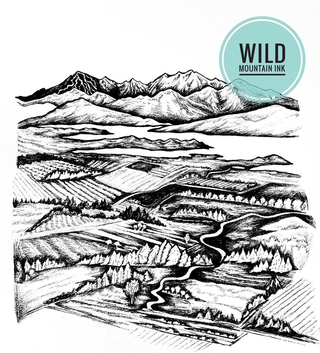 Lake Champlain Mountain Drawing - Vermont Black and White Landscape ...