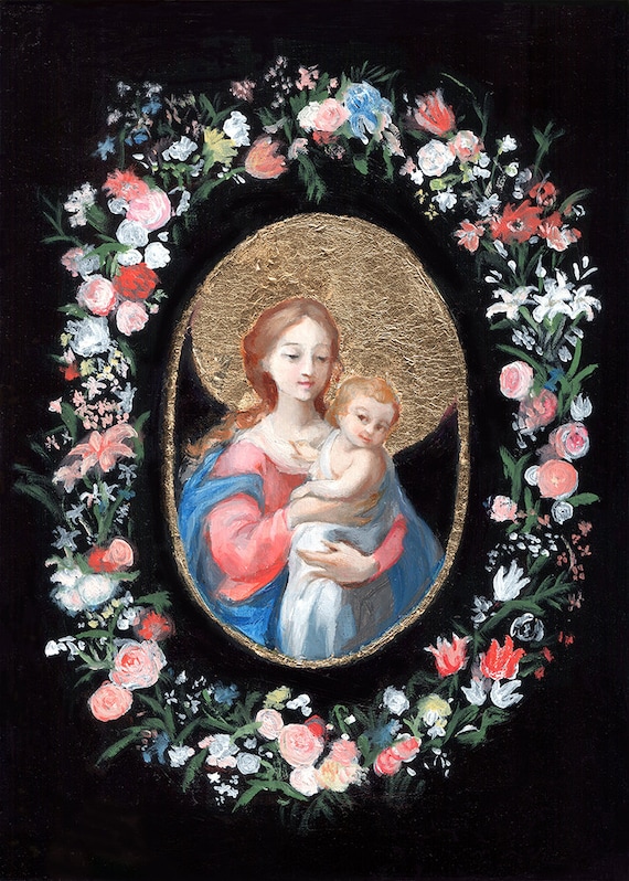Madonna and Child with Flower Wreath Fine Art Print | Etsy
