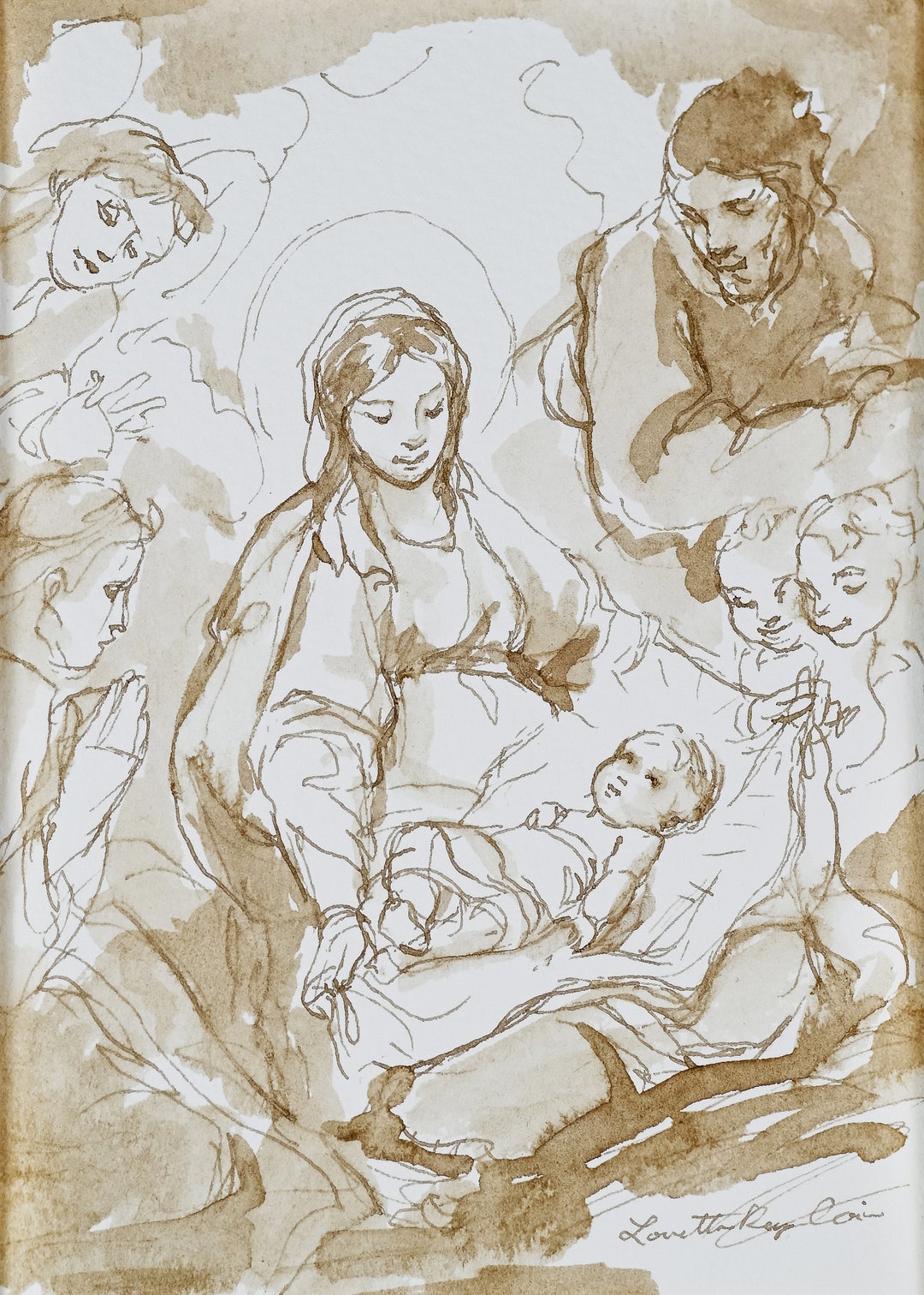 Mary and Baby Jesus Ink Drawing Presenting the Christ Child Fine Art ...