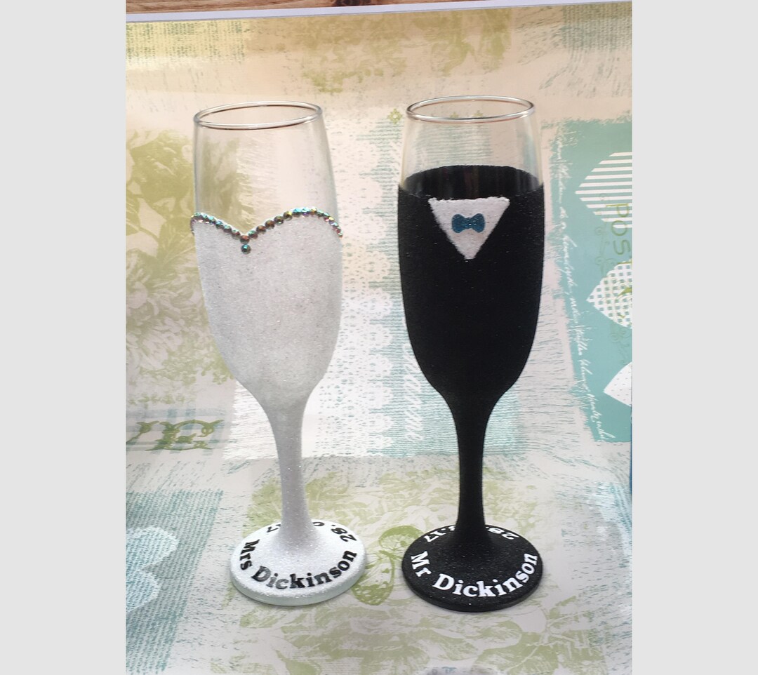 Wedding Champagne Flute Glasses Bride and Groom Glitter Glasses - Etsy