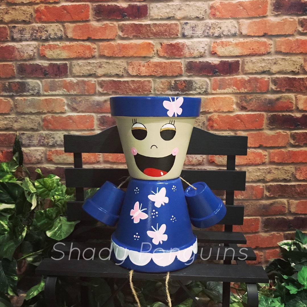 12" Blue Butterfly Flower Pot Girl/ Outdoor Decor/ Indoor Decor/ Flower ...