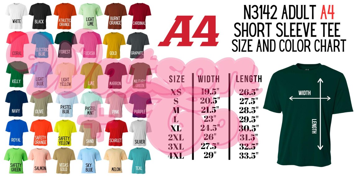 Color and Size Chart | A4 Adult Short Sleeve Dry Fit Tee | Style N3142 ...