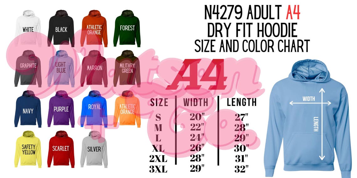 Color and Size Chart | A4 Adult Dry Fit Hoodie | Style N4279 (digital ...